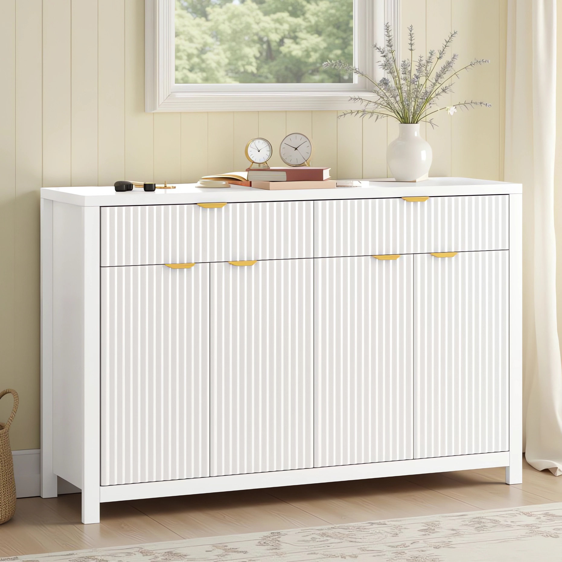 Ebern Designs 55.12" Scandinavian Fluted Sideboard With 2 Drawers & 2 Door-Cabinets, Modern ...